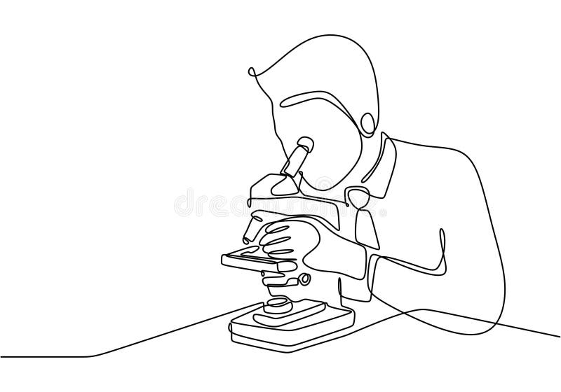 One Line Drawing of a Scientist Engaged with a Microscope, Illustrating ...