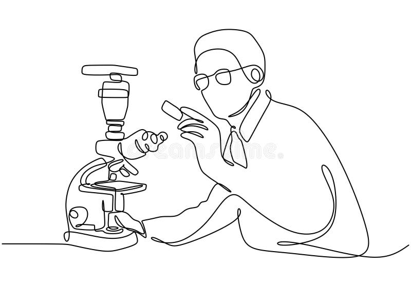 One Line Drawing of a Scientist Focused on a Microscope, Representing ...