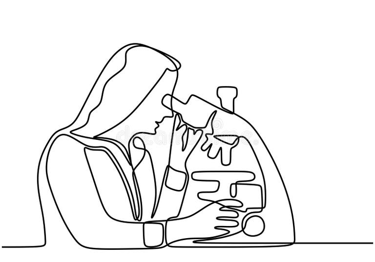 One Line Drawing of a Scientist Focused on a Microscope, Representing ...