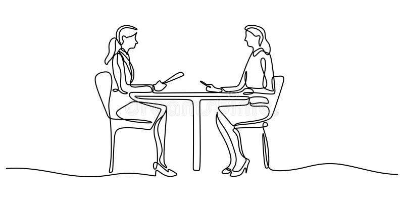 One Line Drawing of Two Women Chatting or Interviewing. Emphasizes ...