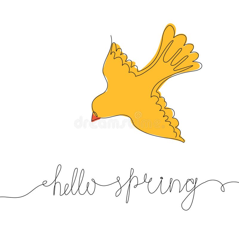 One Line Drawing Typography Quote Hello Spring and Bird. Phrase on ...