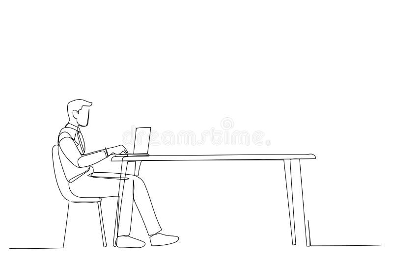 One Line Drawing of Young Man Sitting on Desk, Using Laptop Stock ...