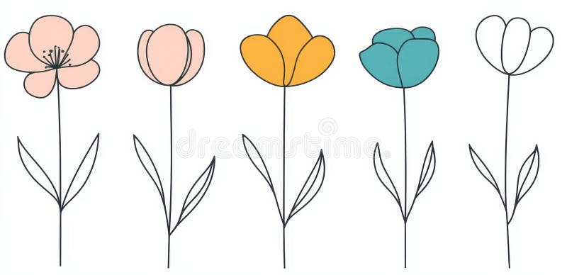 This One Line Flower Set Features Continuous Outline Style. the Flower ...