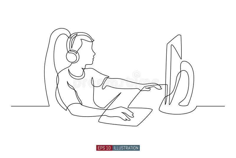 Continuous Line Drawing of Gamer. Vector Illustration. Stock Vector ...