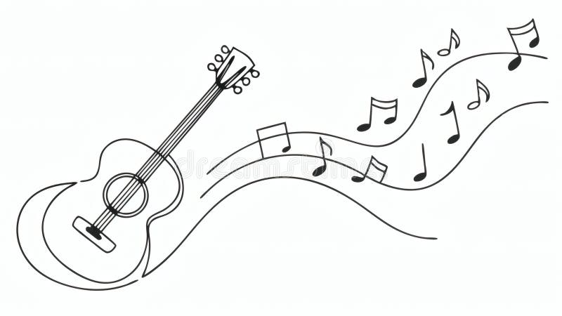 One-Line Guitar with Floating Musical Notes Minimalist Vector ...