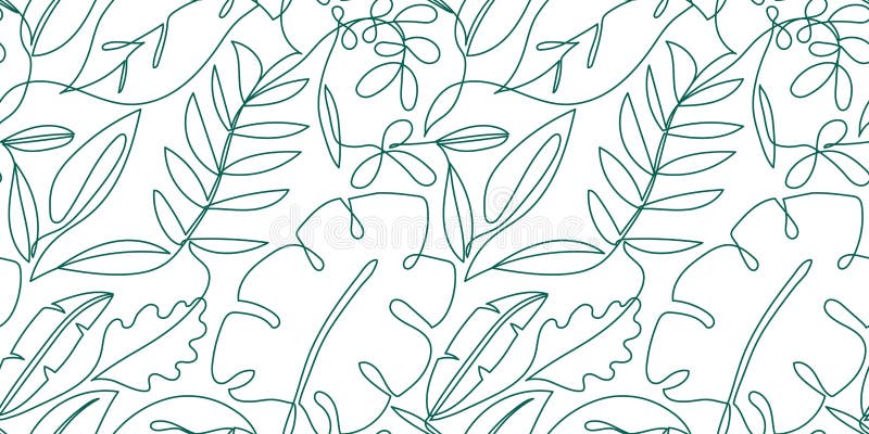 One Line Leaves Seamless Pattern. Vector Green Leaf. Hand Drawn ...