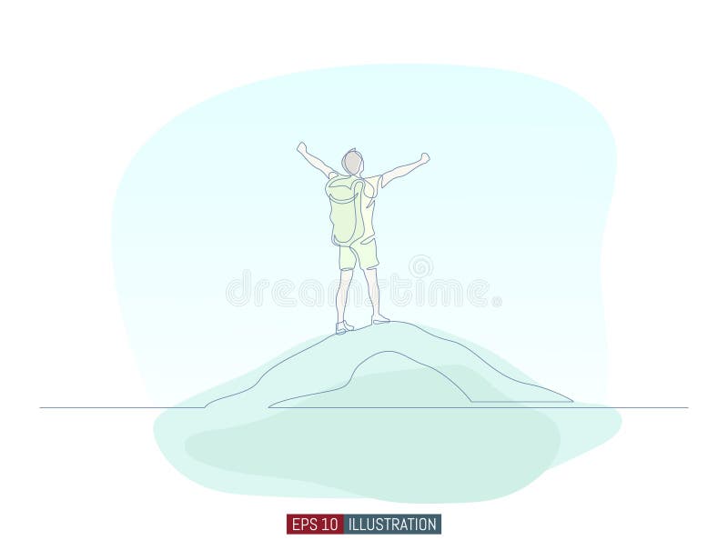 Continuous Line Drawing of Winner Man on Mountain Peak. Climber on ...