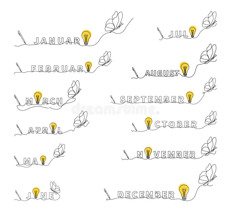 One Line Month Names Set with Light Bulb and Butterfly Illustrations ...
