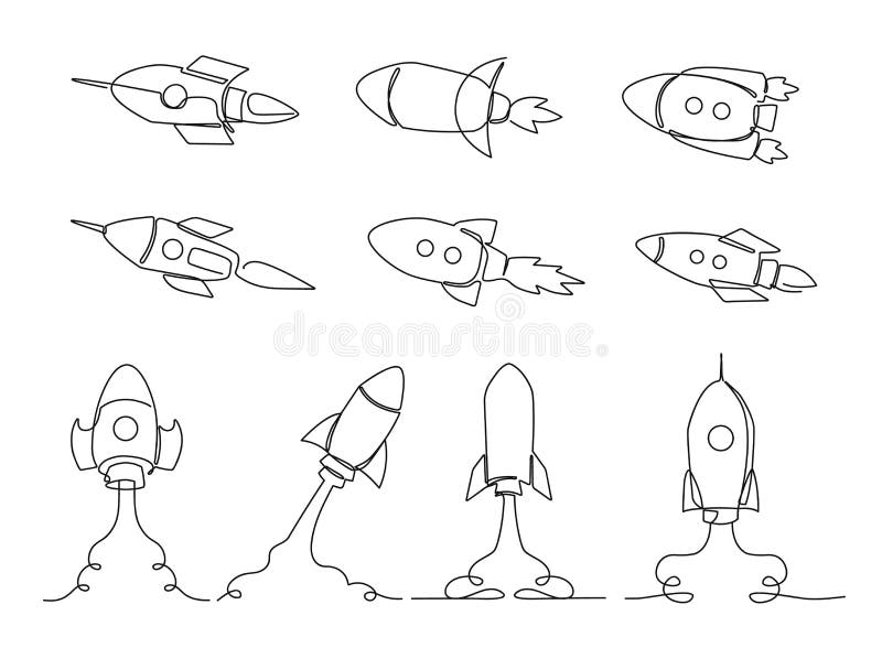 One Line Rocket. Space Ship Launch, Simple Rockets Flying into Universe ...