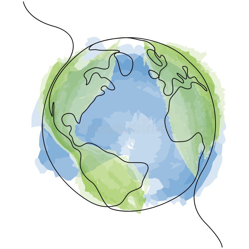 One Line Style World with Watercolour. Minimal Style Globe Earth ...