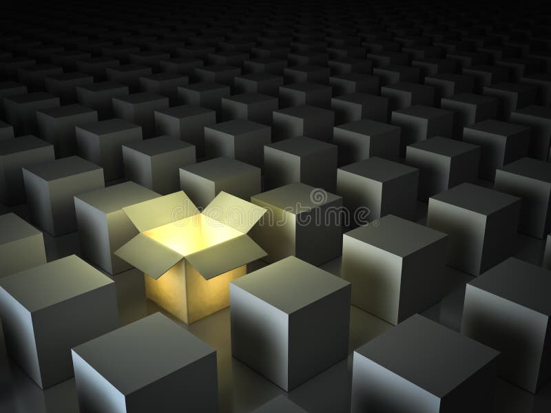 One Luminous Opened Light Box Glowing among Closed White Square Boxes ...