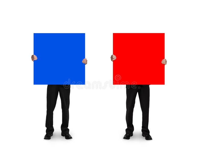 One Man Holding Blue Board Another Holding Red Board Stock Photo ...