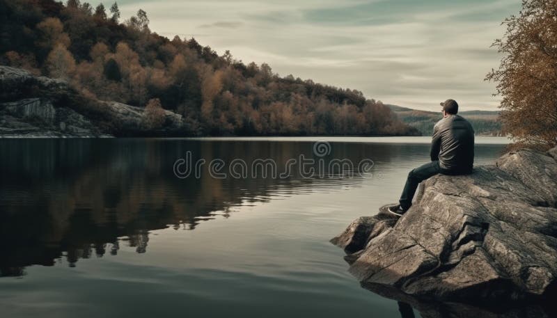 One Man Meditating, Reflecting on Nature Beauty and Tranquility ...