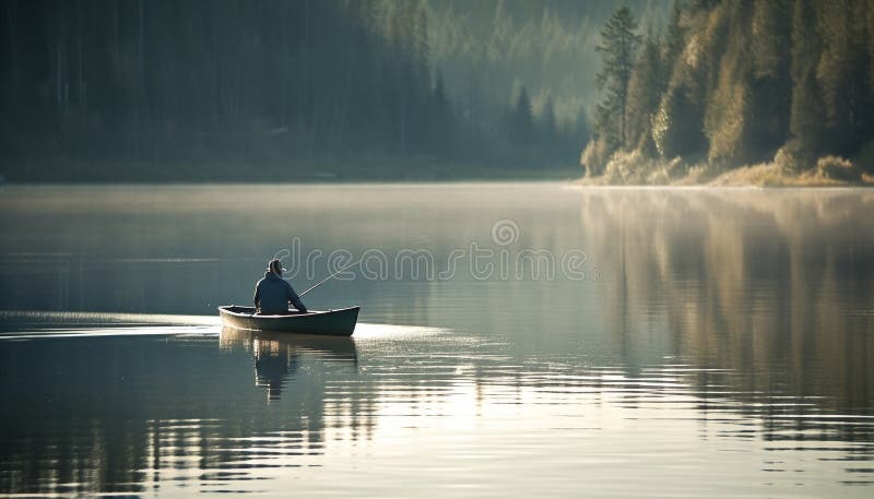 One Man, Outdoors, Fishing in Tranquil Reflection on the Water ...