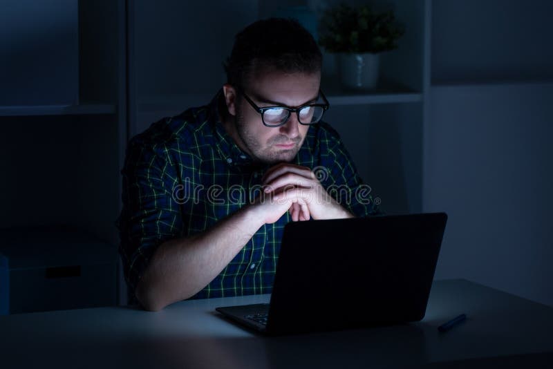 One Man Portrait Using Computer Late at Night Stock Photo - Image of ...