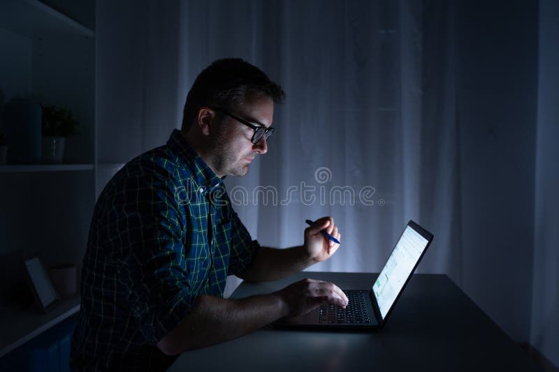One Man Portrait Using Computer Late at Night Stock Image - Image of ...