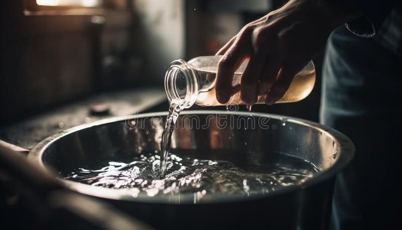 One Man Pouring Fresh Liquid, Preparing Gourmet Meal in Kitchen ...