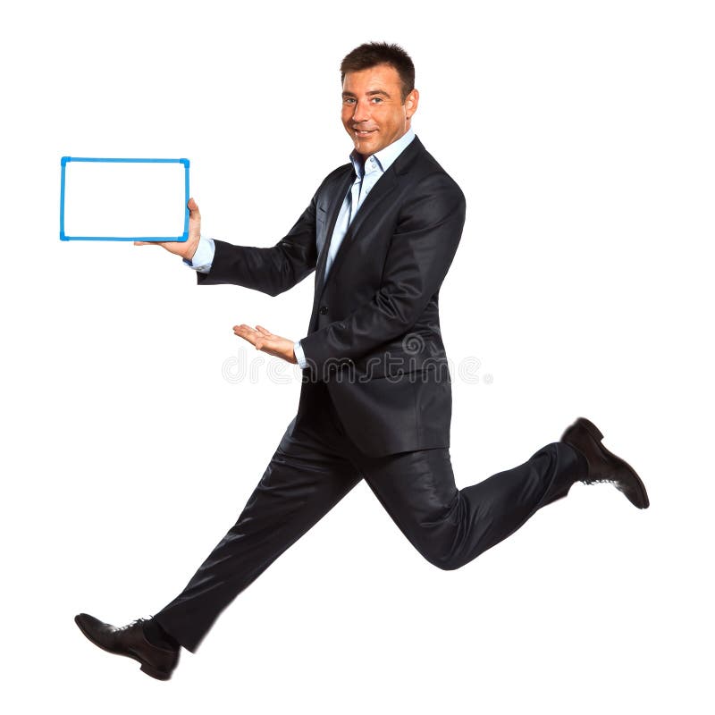 One Man Running Jumping Holding Whiteboard Stock Photo - Image of adult ...