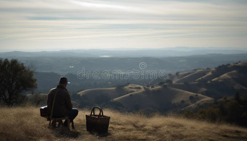 One Man Sitting, Relaxing in Tranquil Rural Scene Harvesting Generated ...