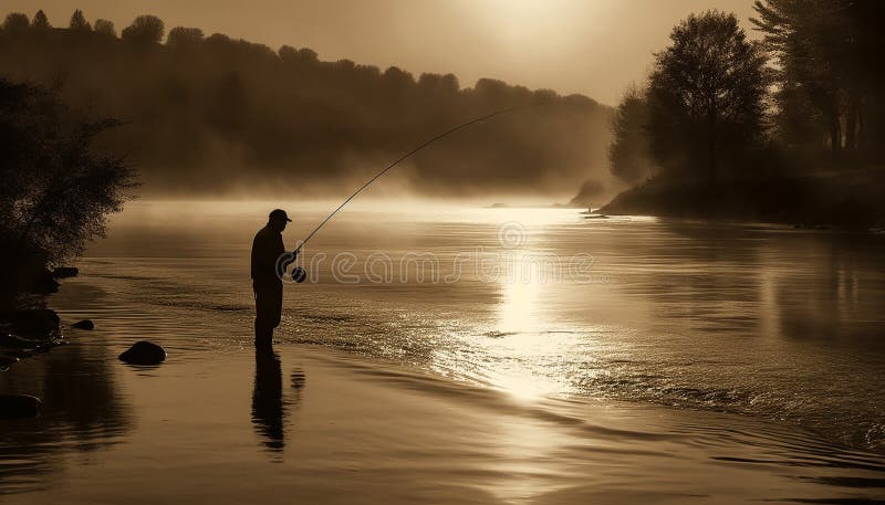 One Man Standing, Back Lit, Silhouette, Fly Fishing at Sunset Generated ...