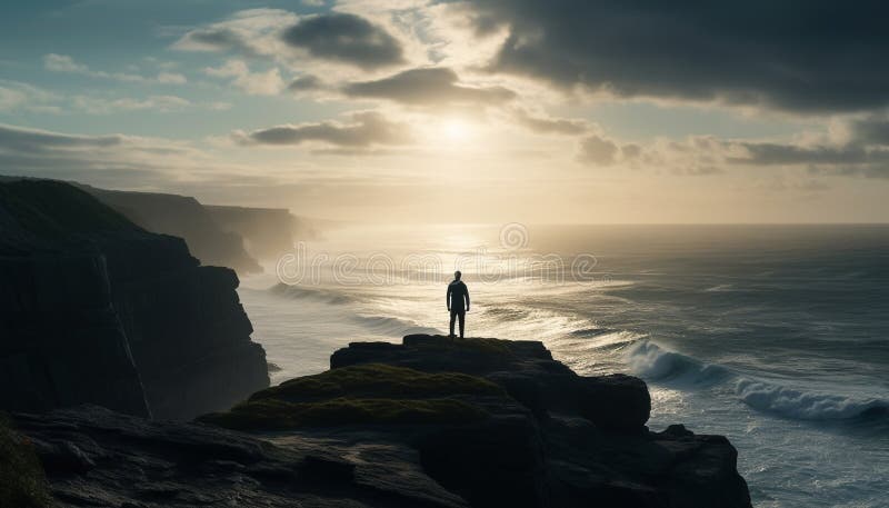 One Man Standing on Cliff, Back Lit by Sunset Silhouette Generated by ...