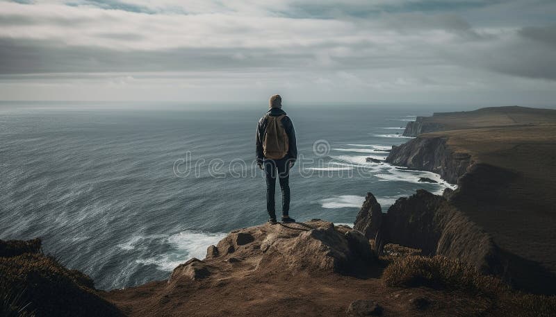 One Man Standing on Cliff, Backpacking Adventure Generated by AI Stock ...