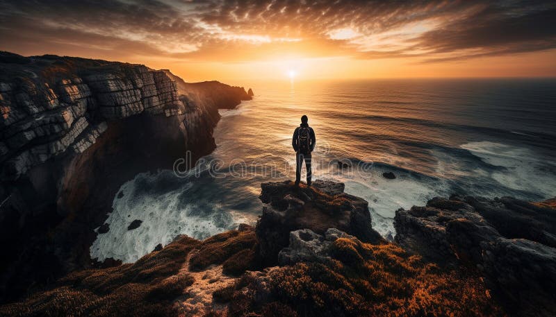 One Man Standing on Cliff, Enjoying Solitude Generated by AI Stock ...