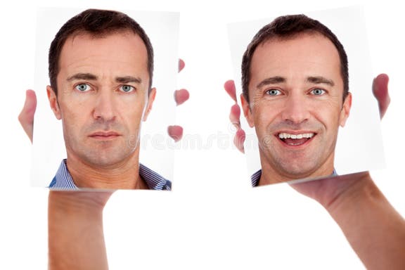One Man, with Two Faces on the Mirror Stock Photo - Image of hands ...