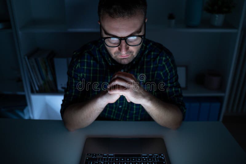 One Man Working Late at Night on Computer Stock Photo - Image of ...