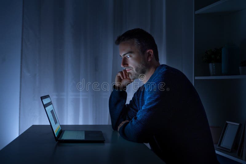 Computer Nerd Portrait Using Computer Late at Night Stock Photo - Image ...