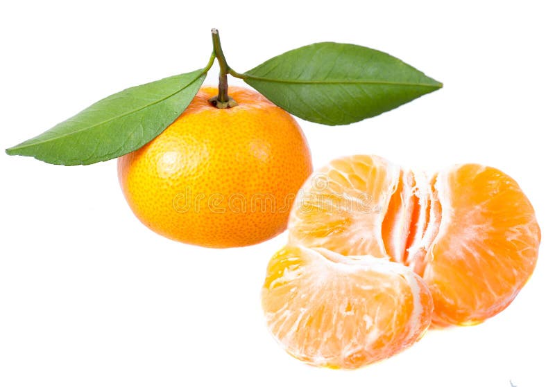 One Mandarin with Green Leaves and Segments Stock Photo - Image of ...