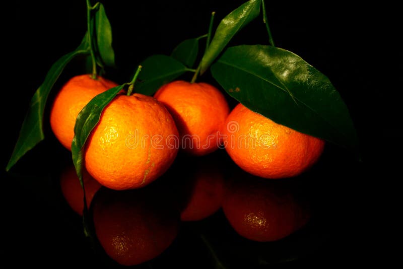One Mandarin One Leaf Isolated on Black with Reflection Stock Image ...