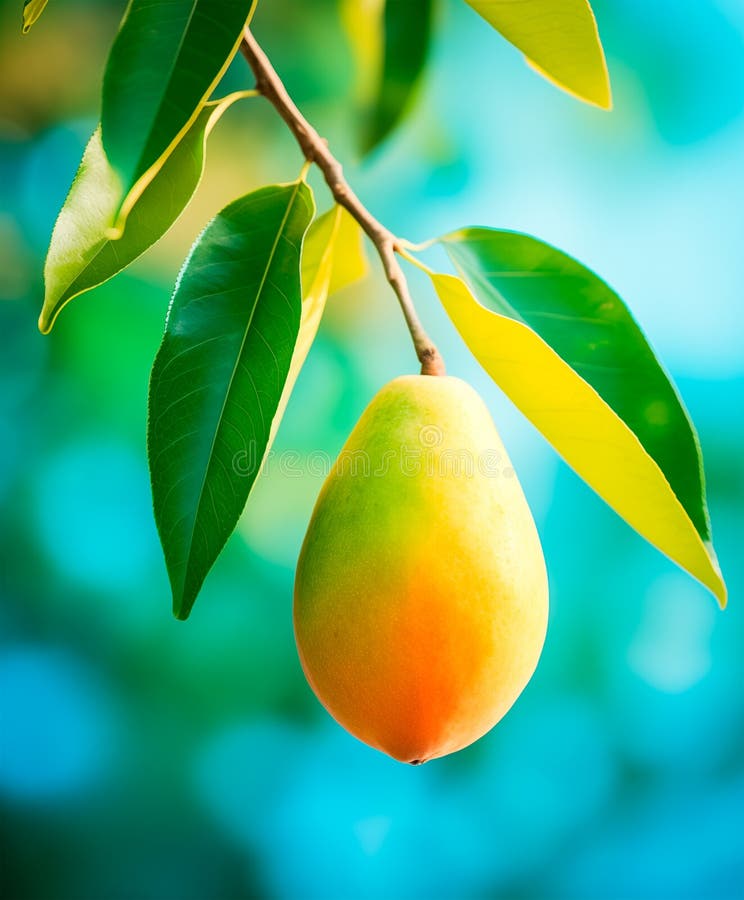 One Mango on Branch Close-up with Copy Space Stock Image - Image of ...