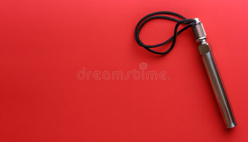 One Metal Whistle with Cord on Red Background, Top View. Space for Text ...
