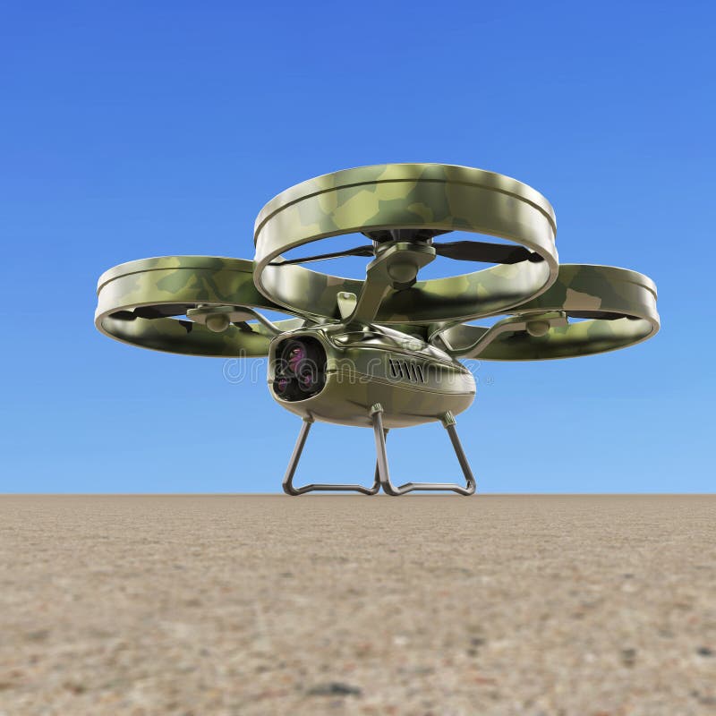 One Military Quadrocopter Drone with Camera, Camouflage Paint Render ...