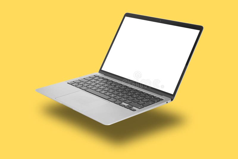 One Modern Laptop Flying on Yellow Background Stock Image - Image of ...