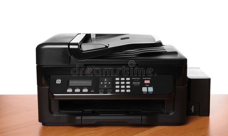 One Modern Printer on Wooden Table Against White Background Stock Photo ...