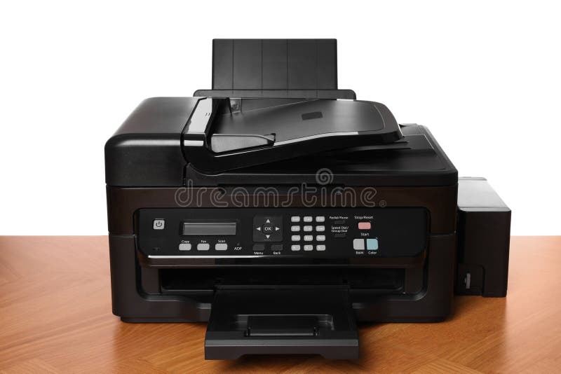 One Modern Printer on Wooden Table Against White Background Stock Image ...