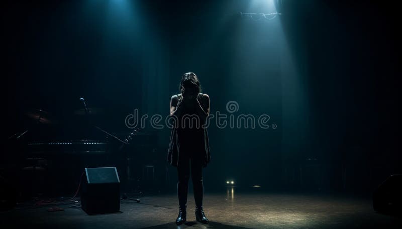 One Musician Stands in Spotlight, Backlit, Singing Rock Music Generated ...