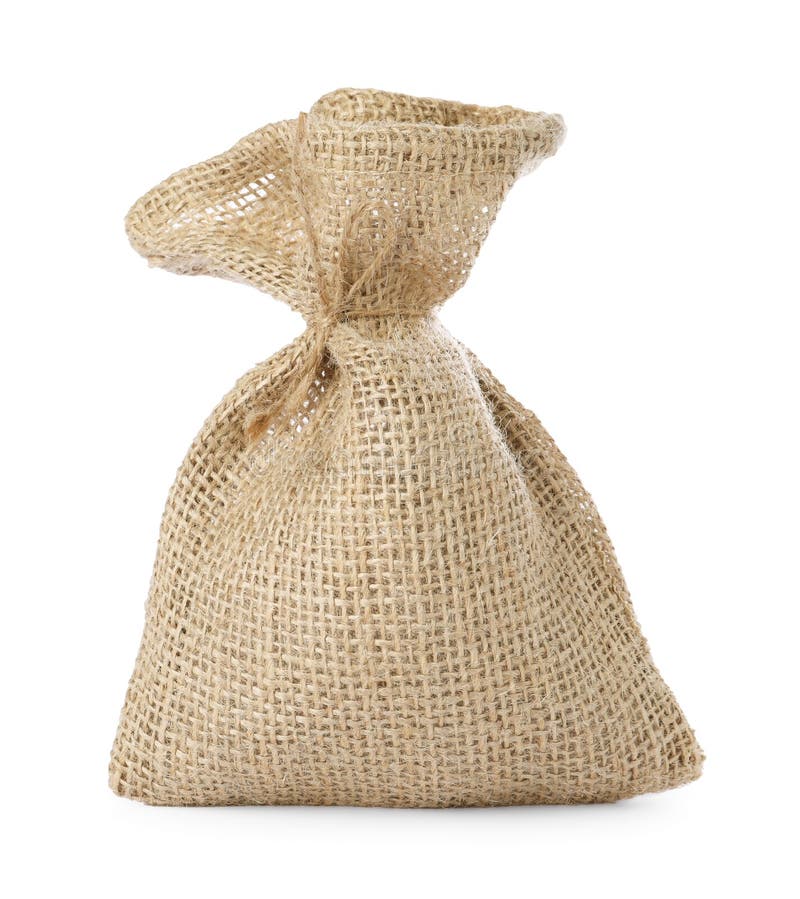 One Natural Burlap Sack Isolated on White Stock Photo - Image of coarse ...