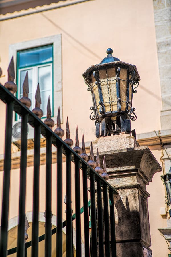 One Old Black Iron Lantern with Glass Stock Image - Image of ...