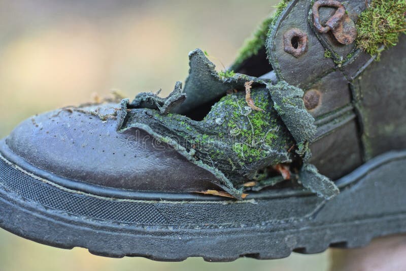 One Old Brown Torn Boot with a Big Hole Stock Image - Image of board ...