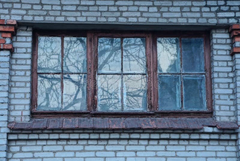 One Old Brown Window on a Gray Brick Wall Stock Photo - Image of design ...