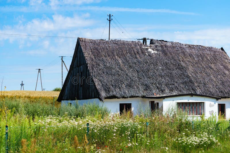 One Old Thatched Cottage in Field Stock Photo - Image of field, village ...
