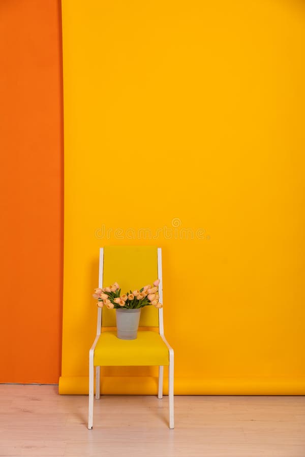 One Old Vintage Chair in Yellow Room Interior Stock Image - Image of ...
