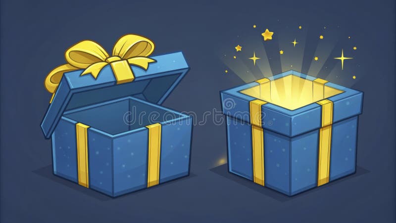 One Open and Empty Blue Gift Box, the Other Closed with a Magical Glow ...