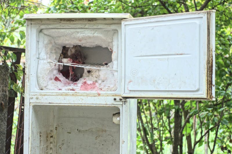 One Open Old Freezer Compartment in the Refrigerator with White Dirty ...