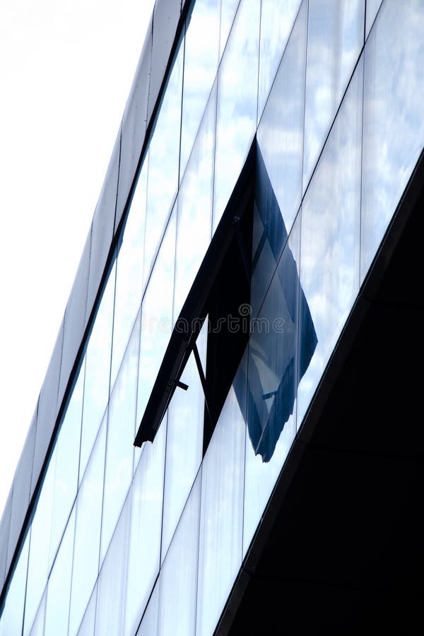 One Open Window on a Glass Facade Building, Low Angle View Stock Photo ...