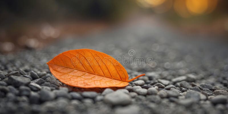 One Orange Leaf Alone on Gravel Path with Space on the Left. Stock ...