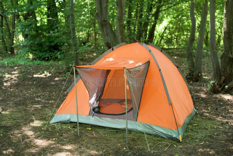 Orange Camping Tent At Camping Area In Beautiful Morning Light. Stock ...